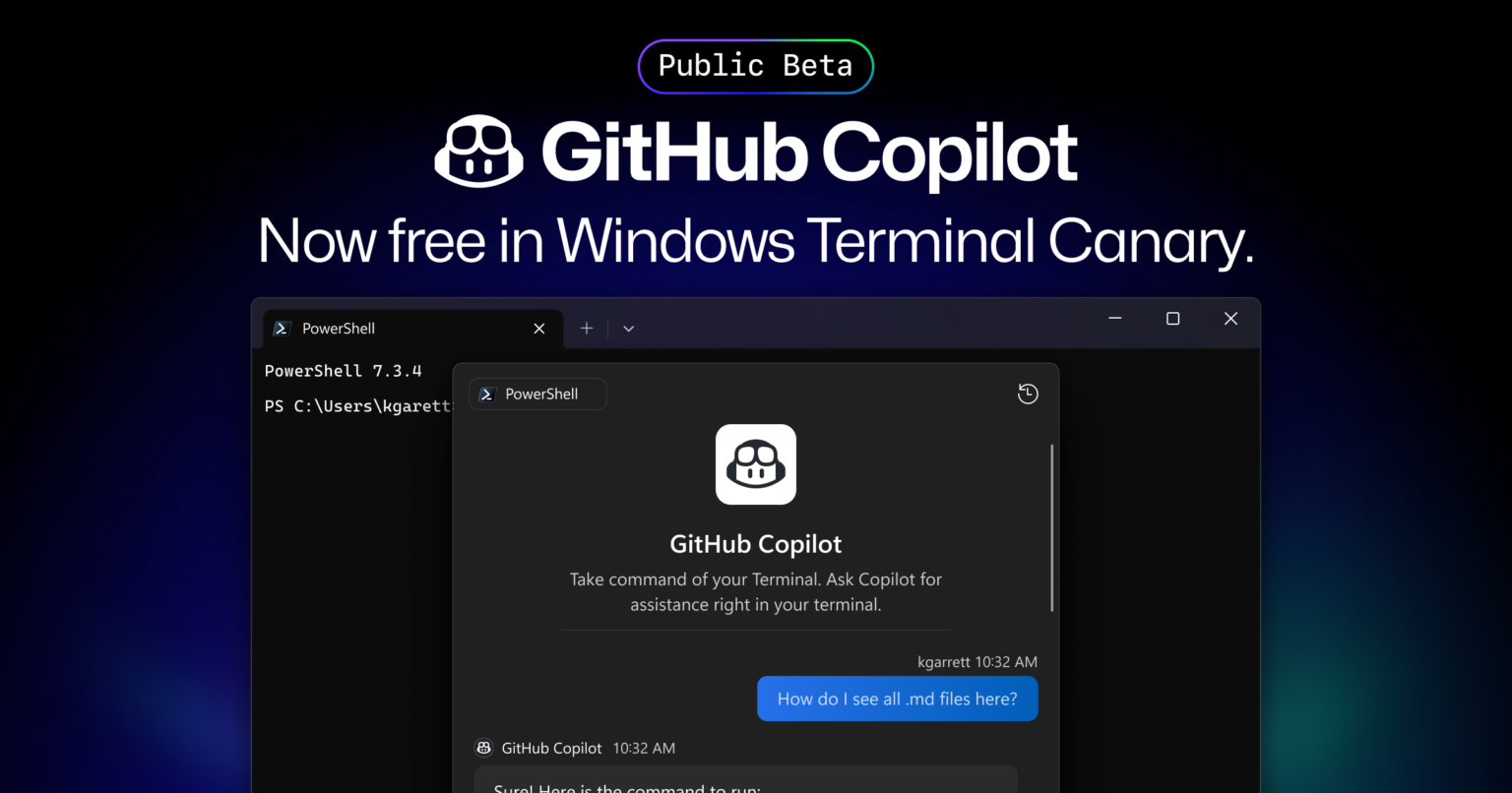 Terminal Chat now included in GitHub Copilot Free - Windows Command Line