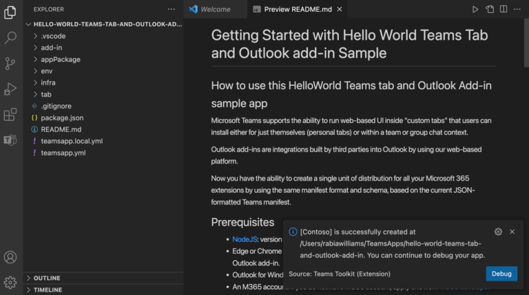 Create a Teams tab and Outlook Add-in with a Hello World project