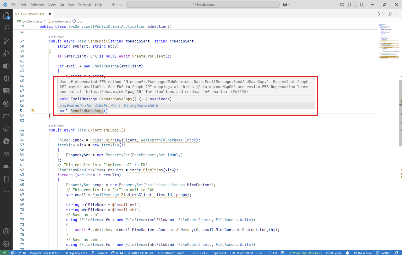 EWS Code Analyzer message
