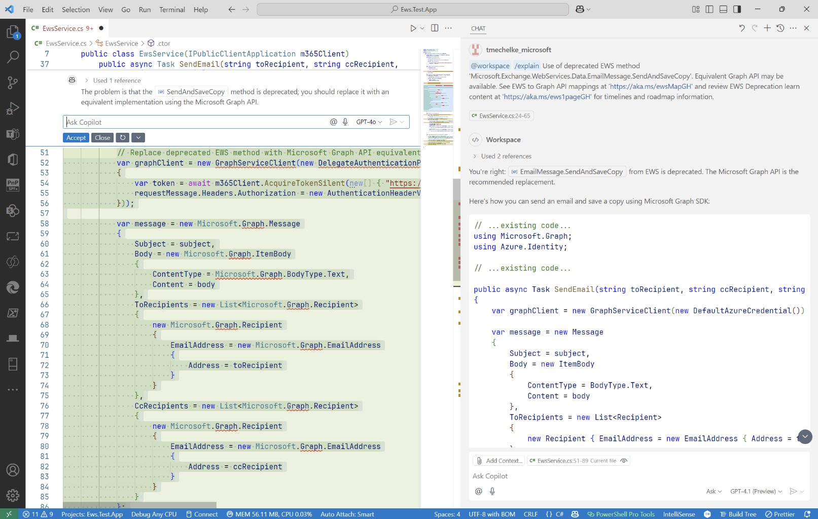 GitHub Copilot generates equivalent Graph API code