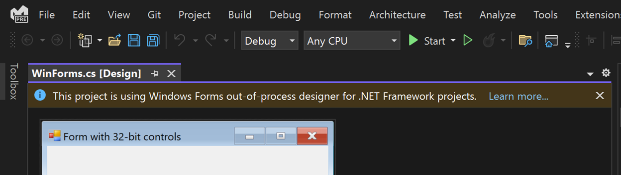 Winforms Designer Selection For 32 Bit Net Framework Projects Visual